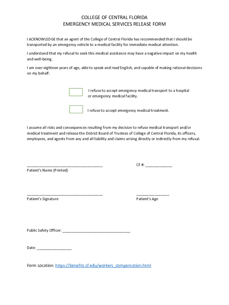 Fillable Online Emergency Medical Service Release Form - Employee ...