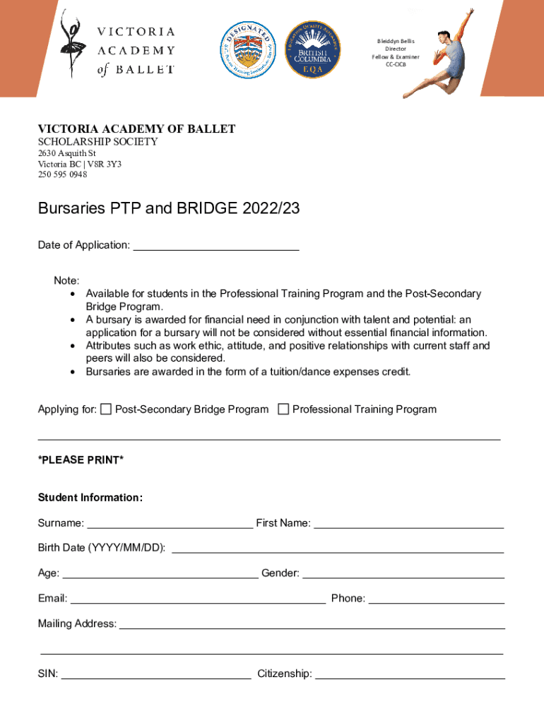 Fillable Online VICTORIA ACADEMY OF BALLET Bleiddyn del Villar Bellis ...