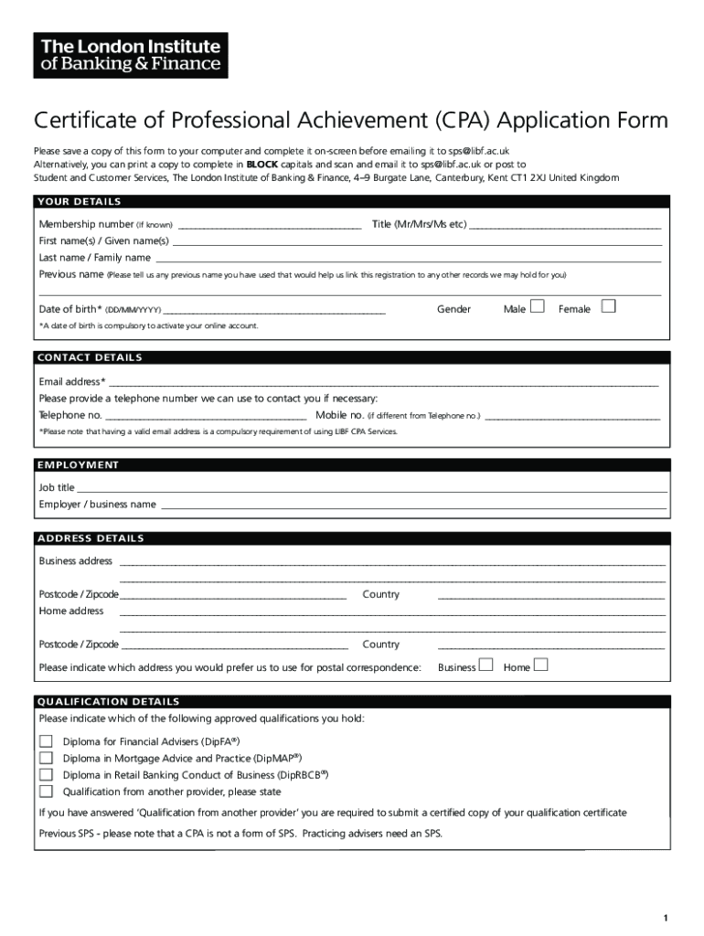 Fillable Online Certificate of Professional Achievement (CPA) Application ... Fax Email Print ...