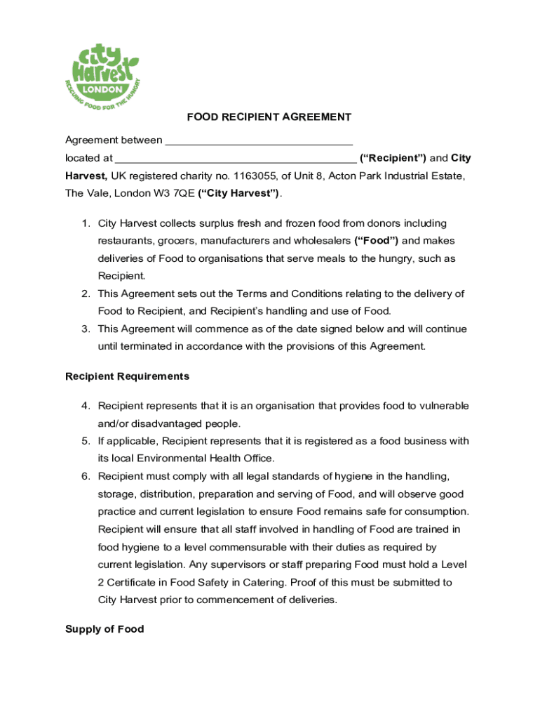 Fillable Online Food Recipient Agreement - City Harvest Fax Email Print ...