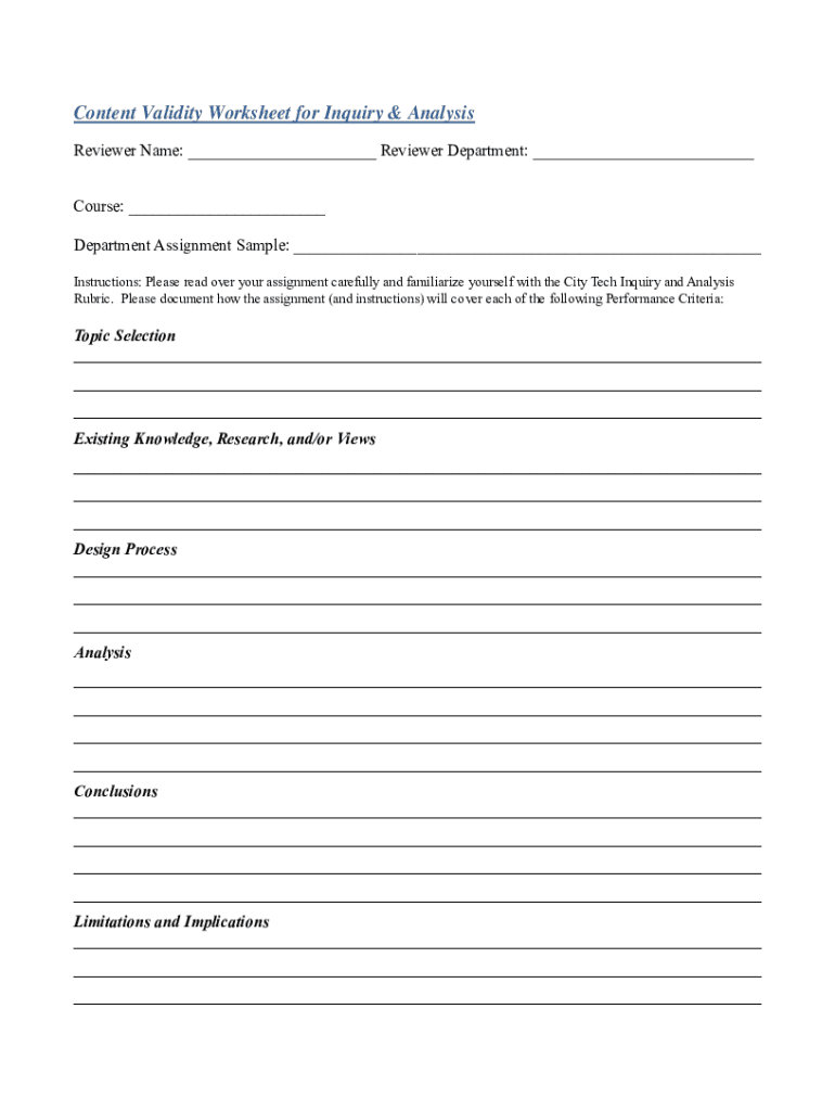 Fillable Online Content Validity Worksheet for Inquiry & Analysis Fax Email Print - pdfFiller