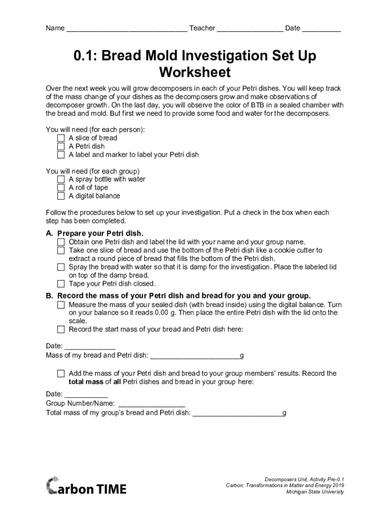 Fillable Online 0.1: Bread Mold Investigation Set Up Worksheet - Carbon ...
