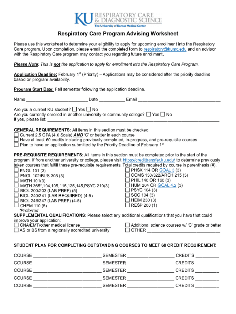 Fillable Online Respiratory Care Program Advising Worksheet Fax Email Print - pdfFiller
