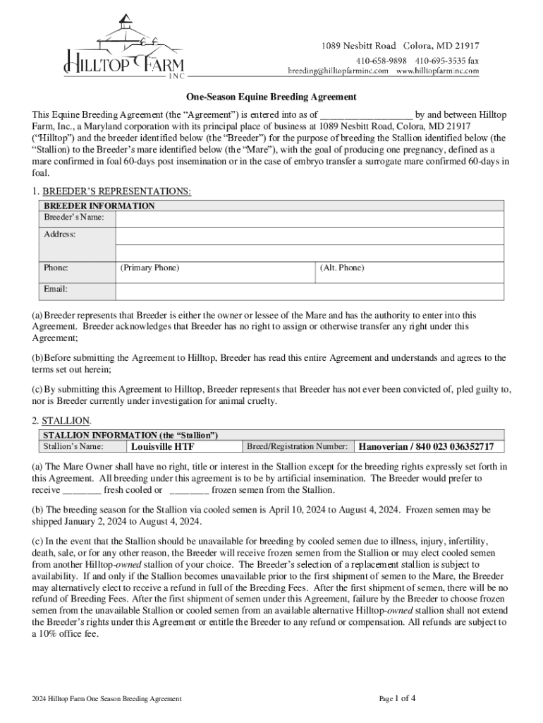 Fillable Online Fillable Online One-Season Equine Breeding Agreement ...