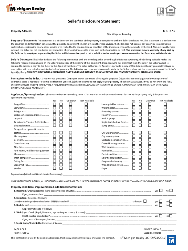 Fillable Online Free Michigan Property Disclosure StatementPDF Fax ...