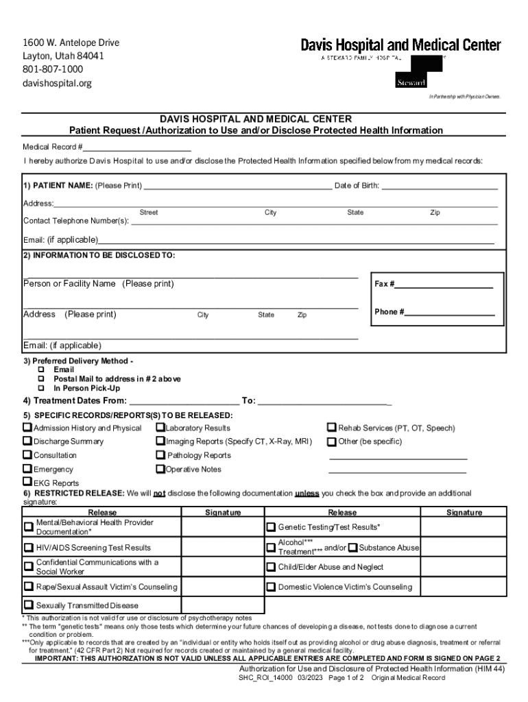 Fillable Online Holy Cross Hospital-Davis, 1600 W Antelope Dr, Layton ...