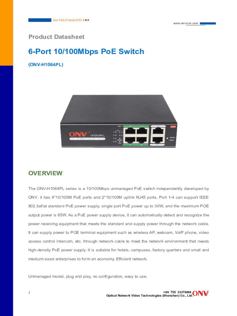 Fillable Online 4 Port 10/100Mbps Poe Switch with 2 Uplink Ports Fax ...