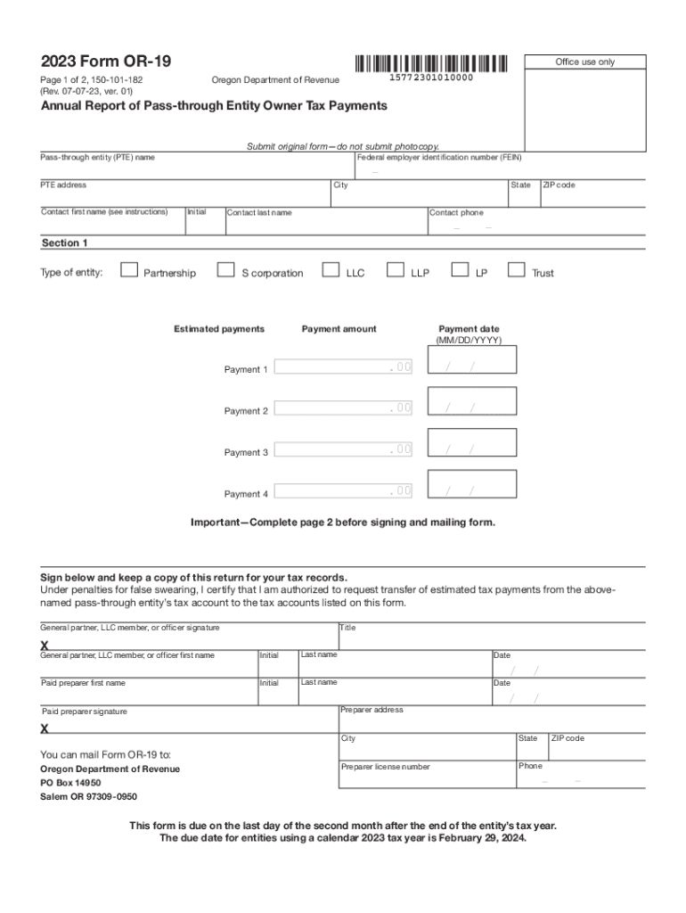 Fillable Online 2023 Form OR-19, Annual Report of Pass-through Entity Owner Tax Payments, 150 ...