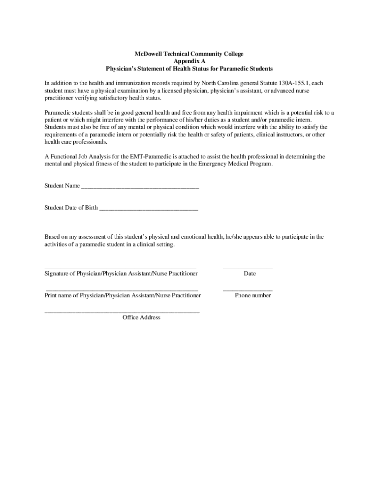 Fillable Online A Physician's Statement of Health Status for Paramedic ...