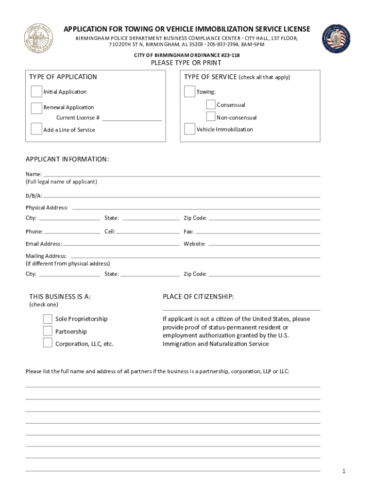 Fillable Online police birminghamal APPLICATION FOR TOWING OR VEHICLE ...