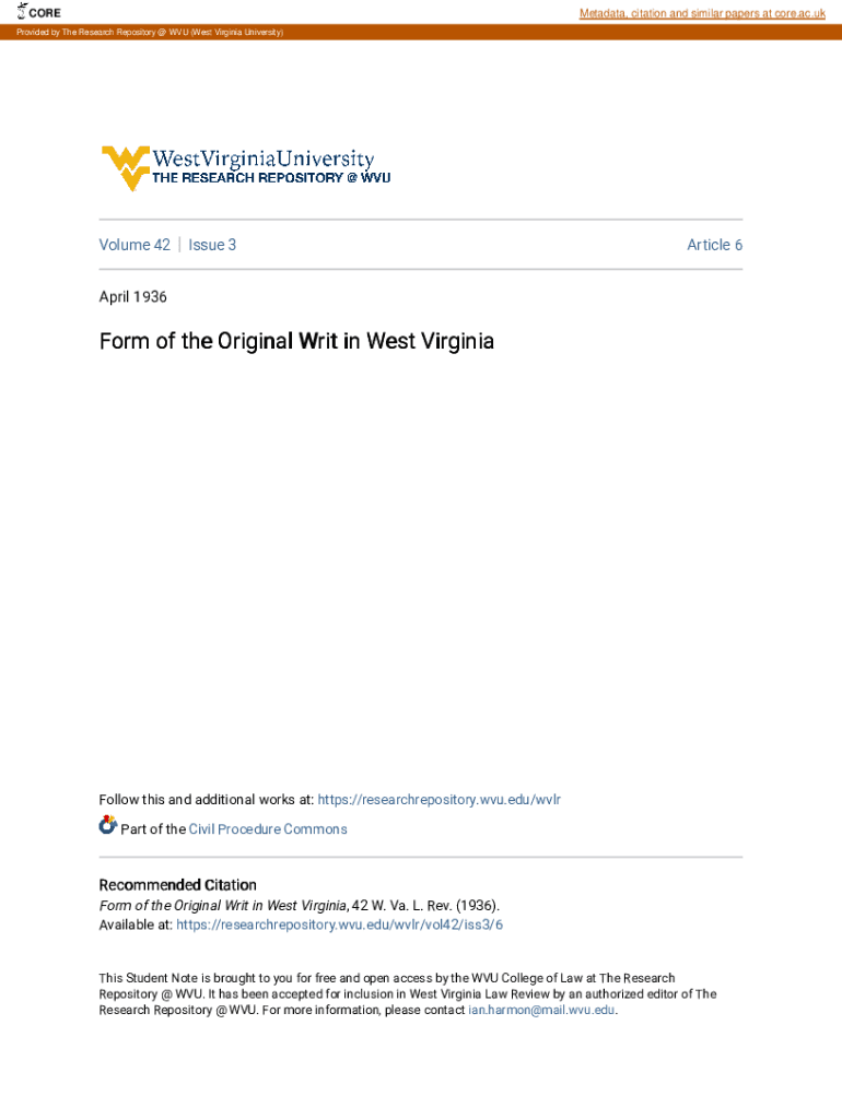 Fillable Online Form of the Original Writ in West Virginia Fax Email ...