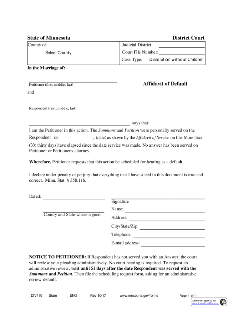 Fillable Online Affidavit of Default (without Children) (DIV410) Fax Email Print - pdfFiller