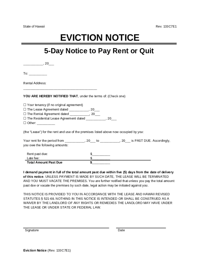 Hawaii 5-Day Notice to Pay Rent or Quit - Word Template Doc Template ...
