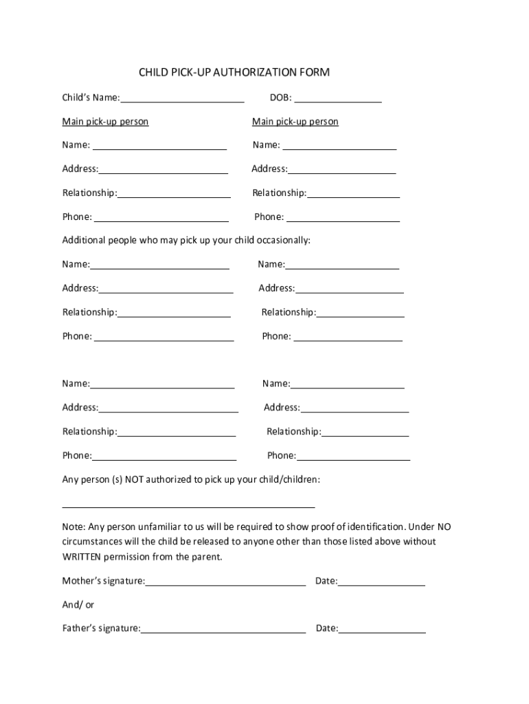 Fillable Online CHILD PICK-UP AUTHORIZATION FORM - Red Sneakers Fax ...