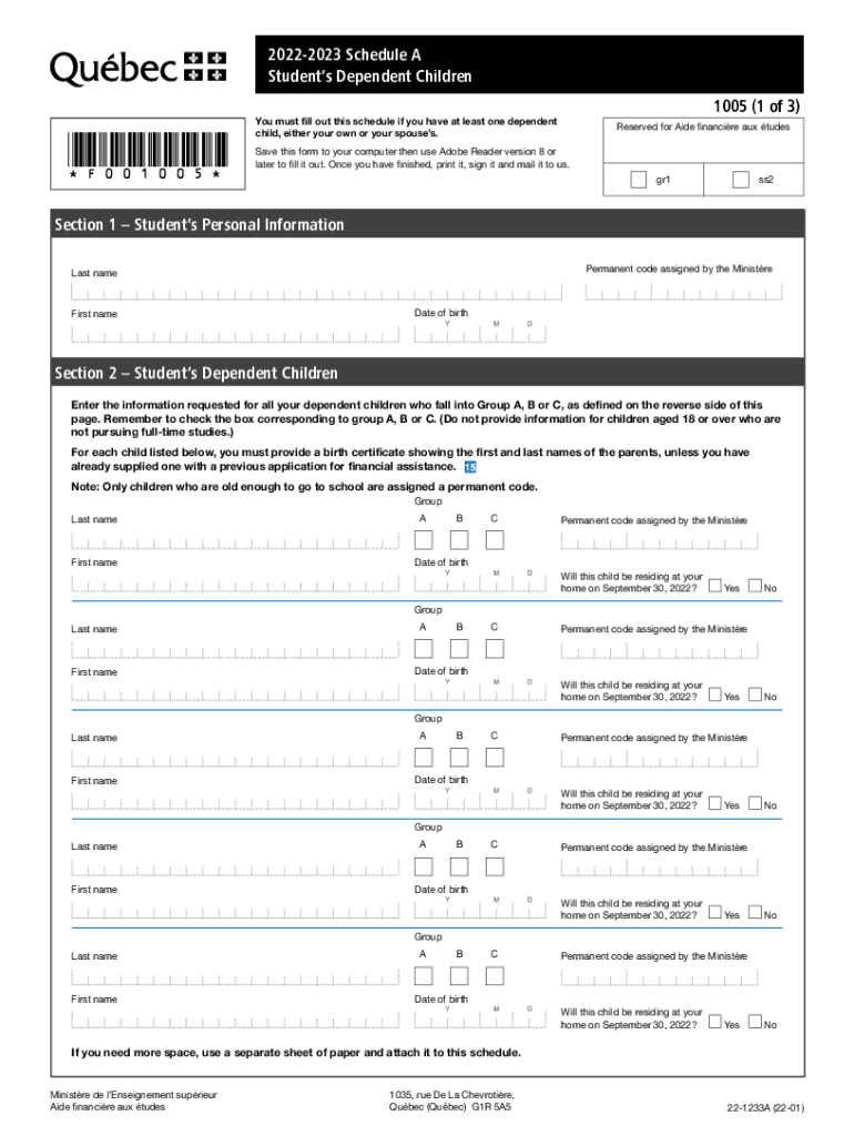 Fillable Online 2022-2023 Schedule A - Student's Dependent Children ...