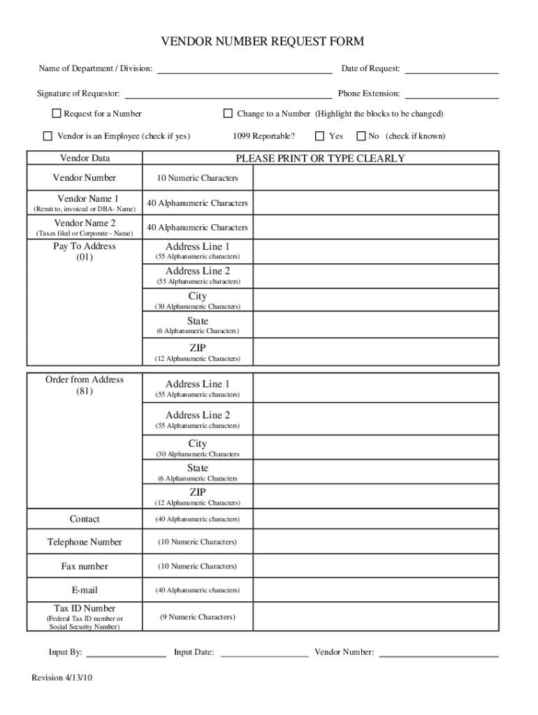 Fillable Online Vendor Number Request/Change Form Fax Email Print ...