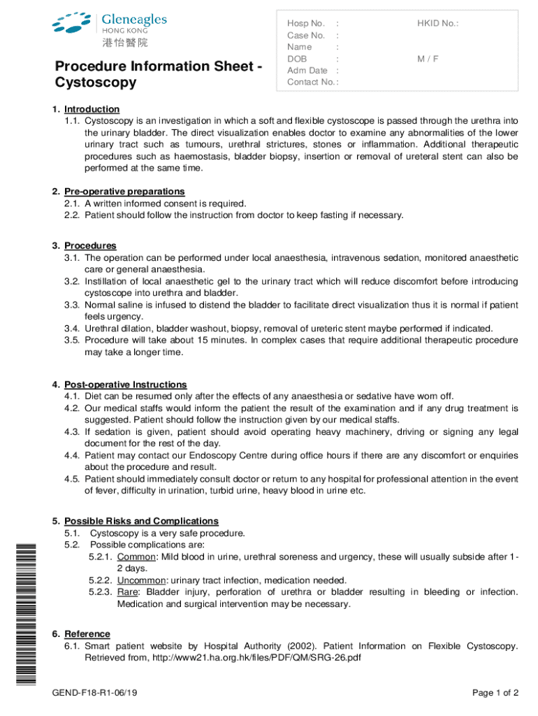 Fillable Online Procedure Information Sheet - Cystoscopy Fax Email ...