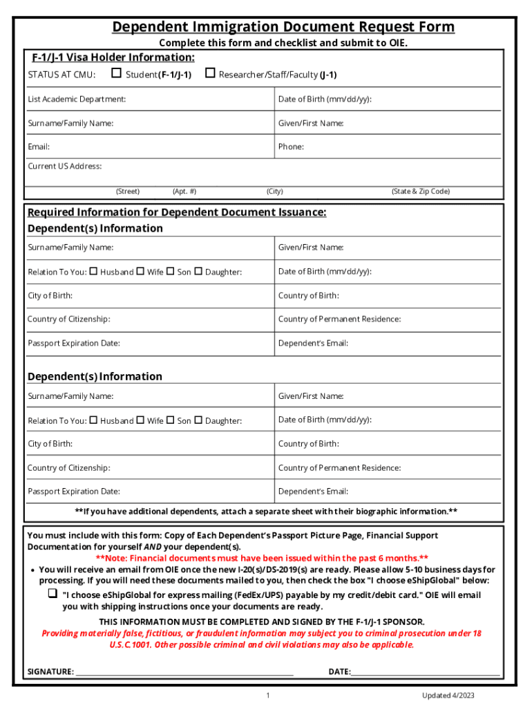 Fillable Online Dependent Immigration Document Request Form Fax Email Print - pdfFiller