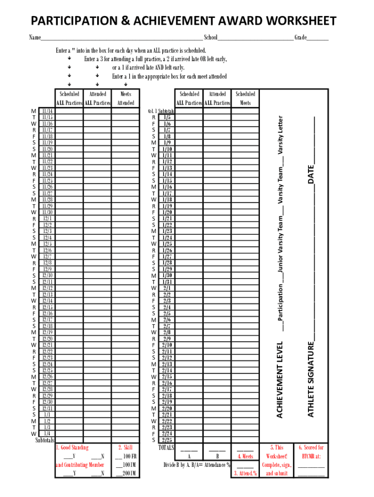 Fillable Online PARTICIPATION & ACHIEVEMENT AWARD WORKSHEET Fax Email ...