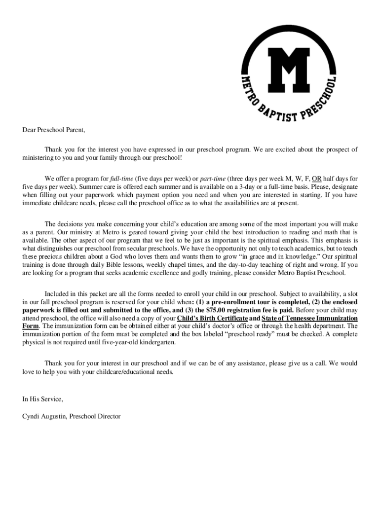 Fillable Online Dear Preschool Parent, Thank you for the interest you have ... Fax Email Print ...