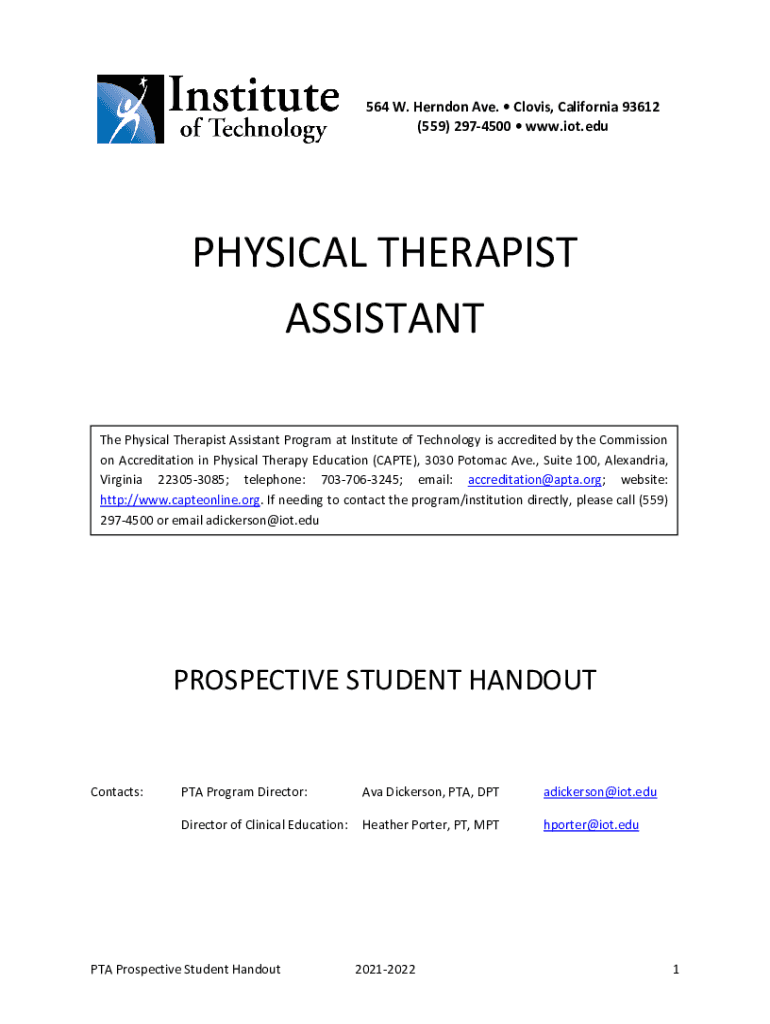 Fillable Online The Physical Therapist Assistant Program at Institute of Technology is ...