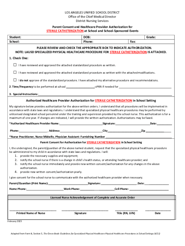 Fillable Online STERILE CATHETERIZATION at School and ... Fax Email Print - pdfFiller