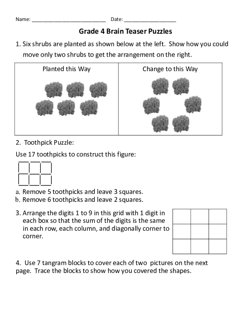 Fillable Online Grade 4 Brain Teaser Puzzles Fax Email Print - pdfFiller