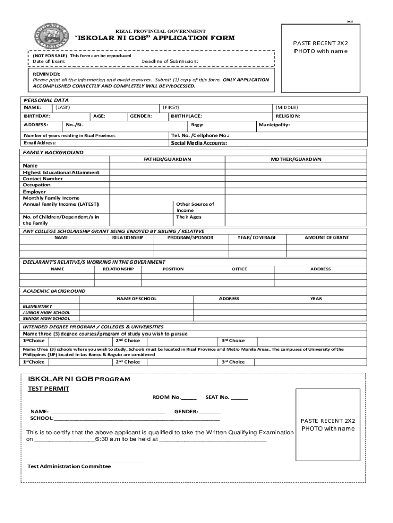 Fillable Online TEST PERMIT ISKOLAR NI GOB APPLICATION FORM Fax Email ...