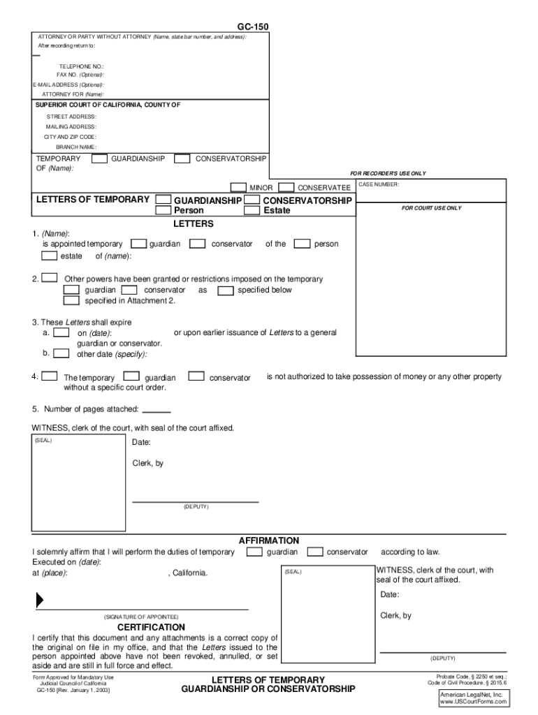 Fillable Online GC-150 LETTERS OF TEMPORARY GUARDIANSHIP OR ...