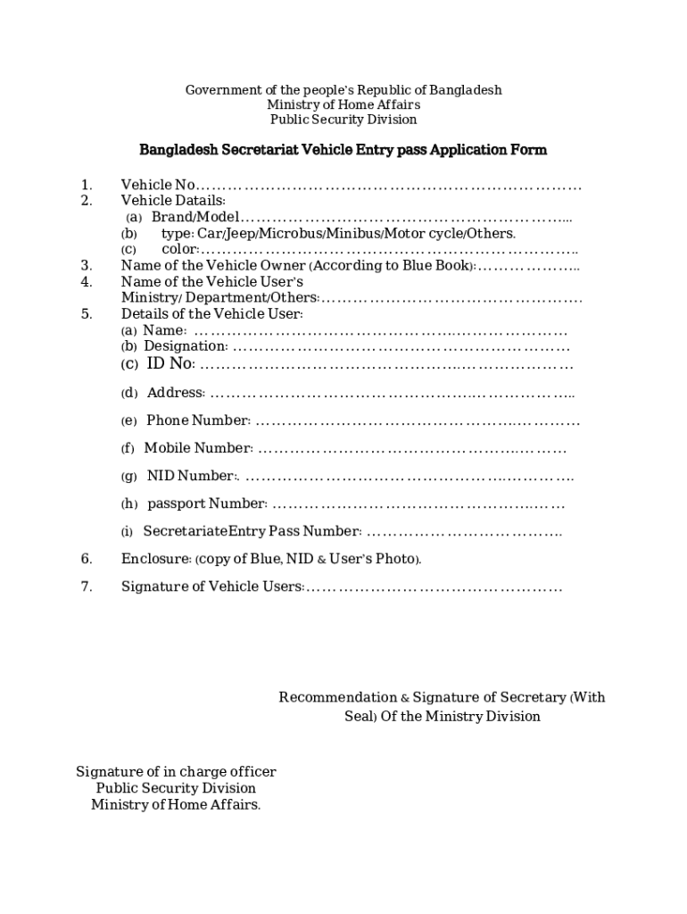 Fillable Online mofl portal gov Bangladesh Secretariat Vehicle Entry ...