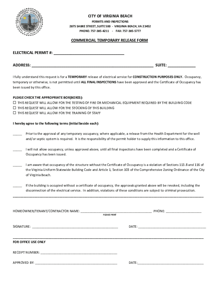 Fillable Online Commercial Temporary Release Form Fax Email Print ...
