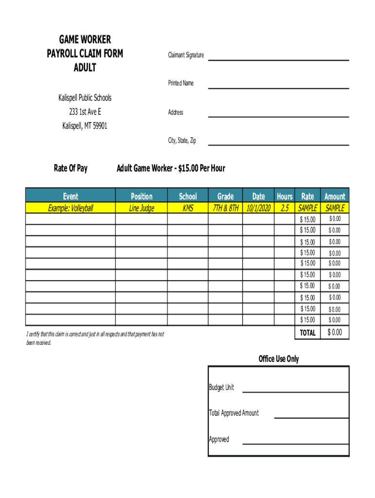 Fillable Online GAME WORKER ADULT PAYROLL CLAIM FORM Fax Email Print - pdfFiller