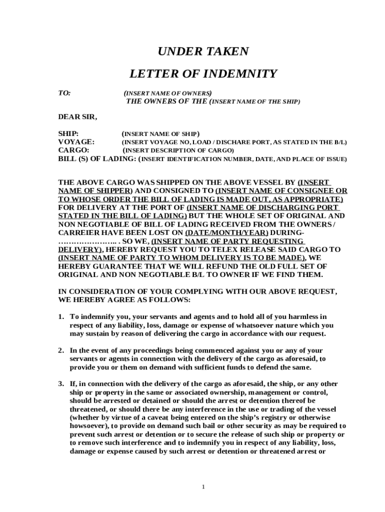 STANDARD LETTER OF INDEMNITY TO BE GIVEN IN RETURN FOR DELIVERING CARGO ...