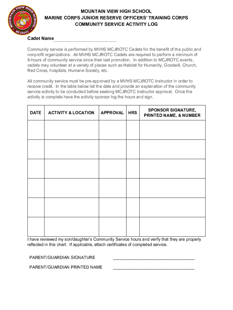 Fillable Online MVHS MCJROTC Community Service Activity Log ... Fax ...