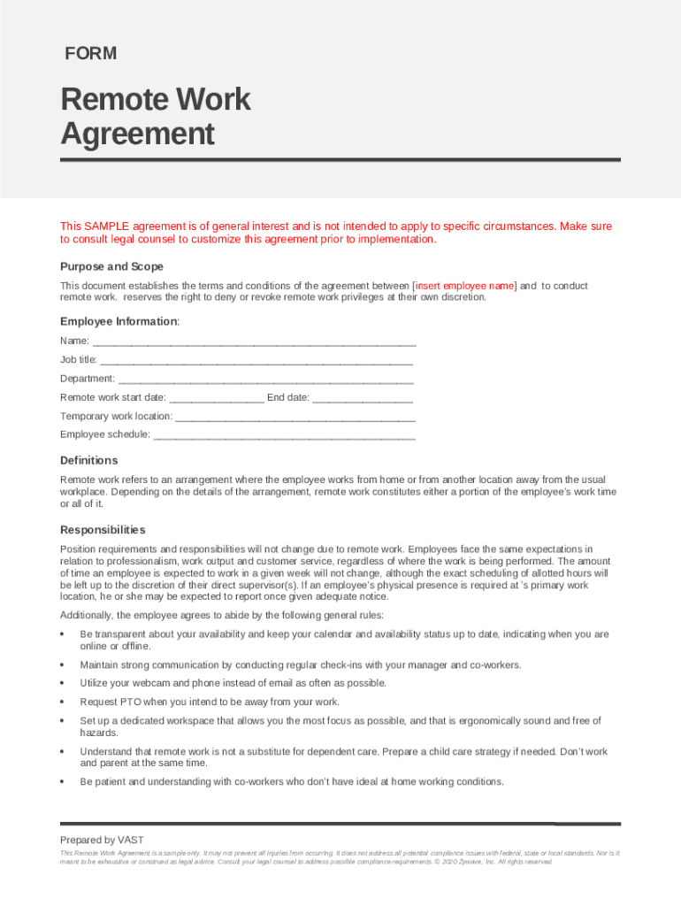 Remote Work Agreement - VAST Doc Template | pdfFiller