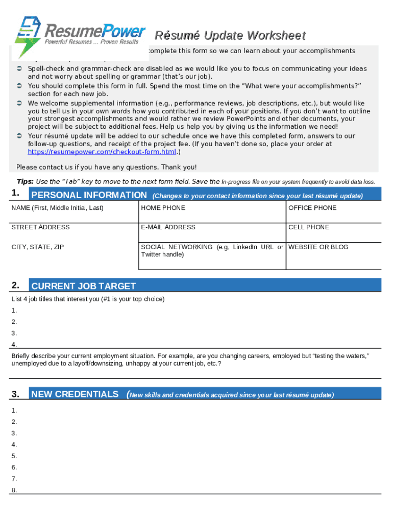 Update Worksheet. questionnaire Doc Template | pdfFiller