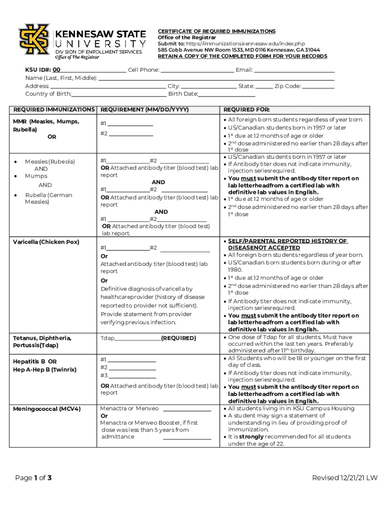 Fillable Online CERTIFICATE OF REQUIRED IMMUNIZATIONS Country: ... Fax Email Print - pdfFiller