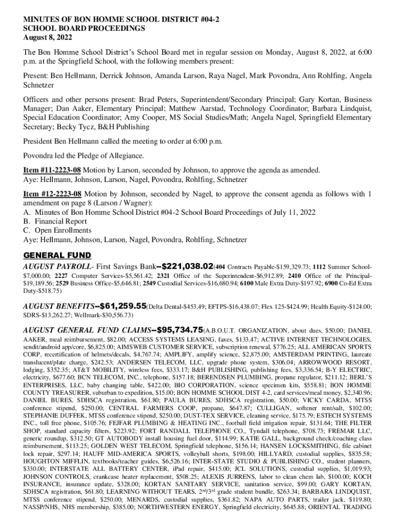 Fillable Online The Bon Homme School Districts School Board met in ...