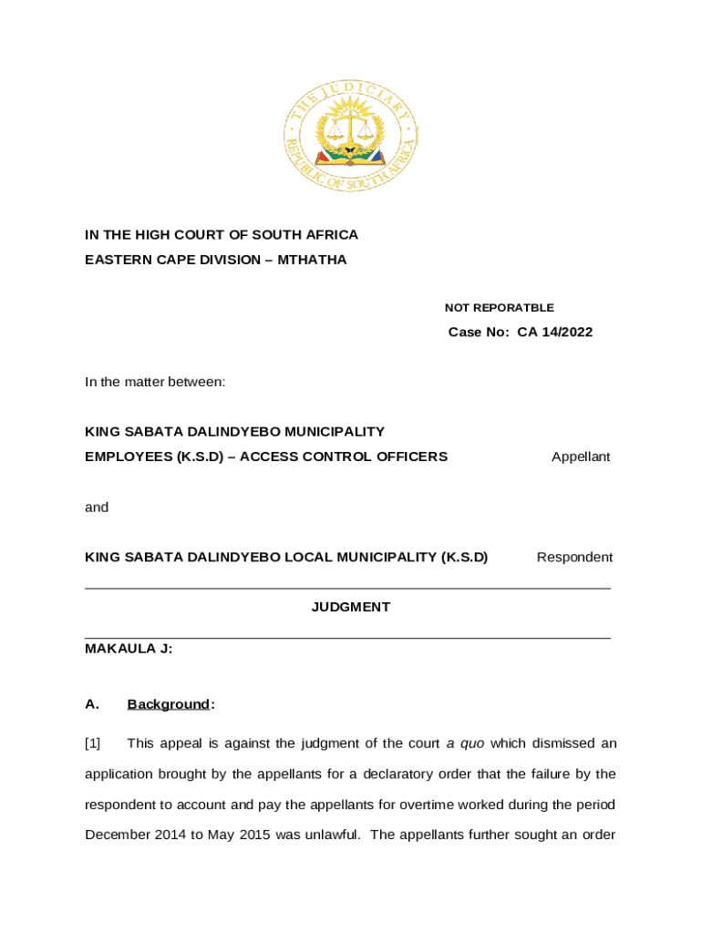 Fillable Online South Africa: Eastern Cape High Court, Mthatha Support ...