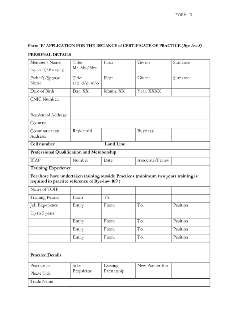 Fillable Online Form 'E' APPLICATION FOR THE ISSUANCE of CERTIFICATE OF ...