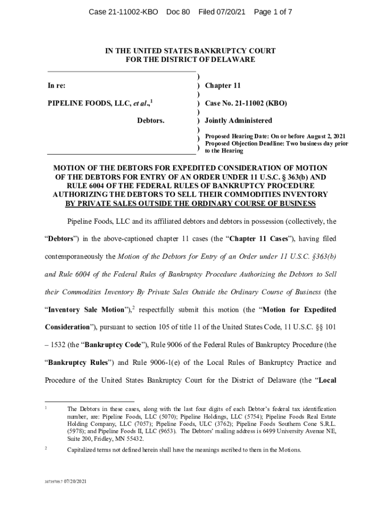 Fillable Online Pipeline Foods Gets Court Nod for Chapter 11 ...