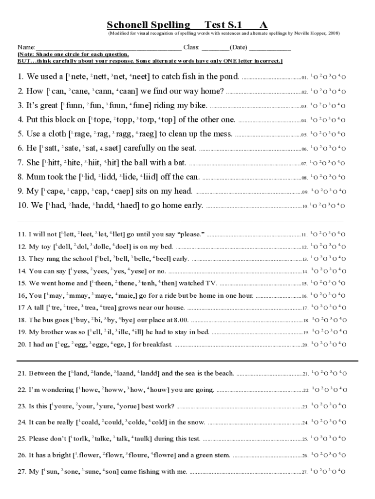 Fillable Online Schonell Spelling S1 Test A Modified PLUS ANSWER DOTS ...