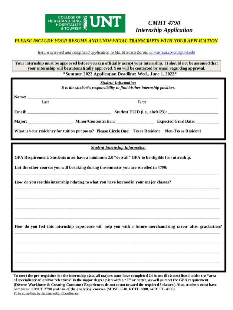 Application for CMHT 4790 Internship in Hospitality ... - cmht unt Doc ...