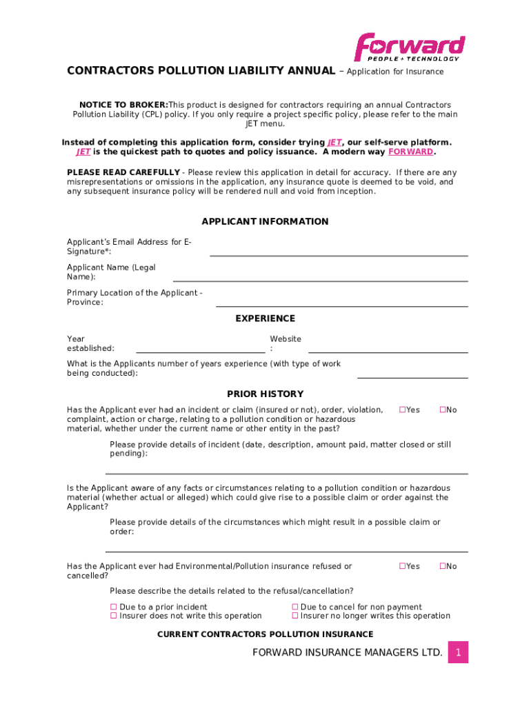 CONTRACTORS POLLUTION LIABILITY ANNUAL Application for Insurance Doc ...
