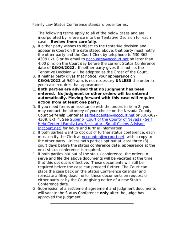 Family Law Status Conference standard order terms Doc Template | pdfFiller