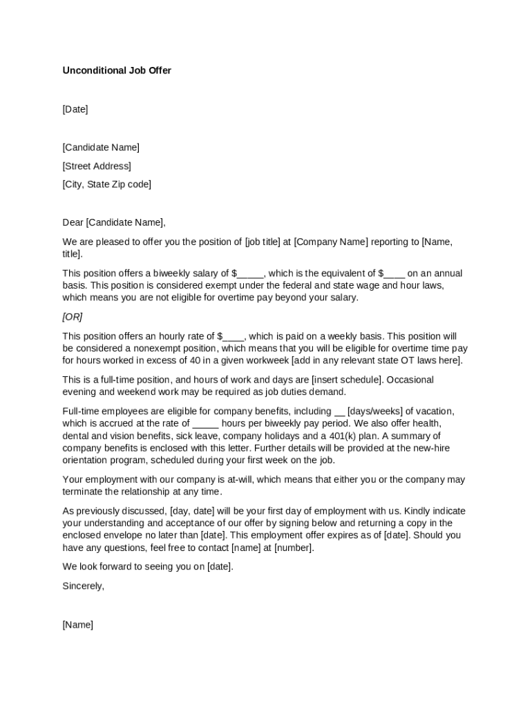 Temporary Position Job Offer Doc Template | pdfFiller