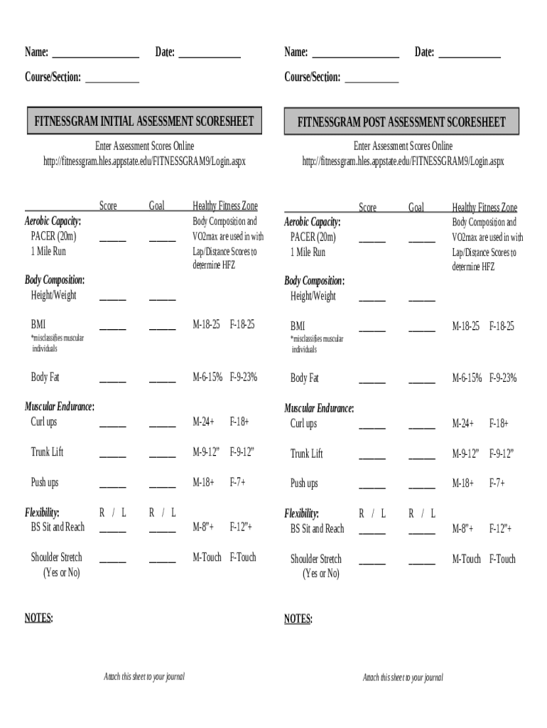 FITNESSGRAM Healthy Fitness Zone Perance Standards Doc Template | pdfFiller