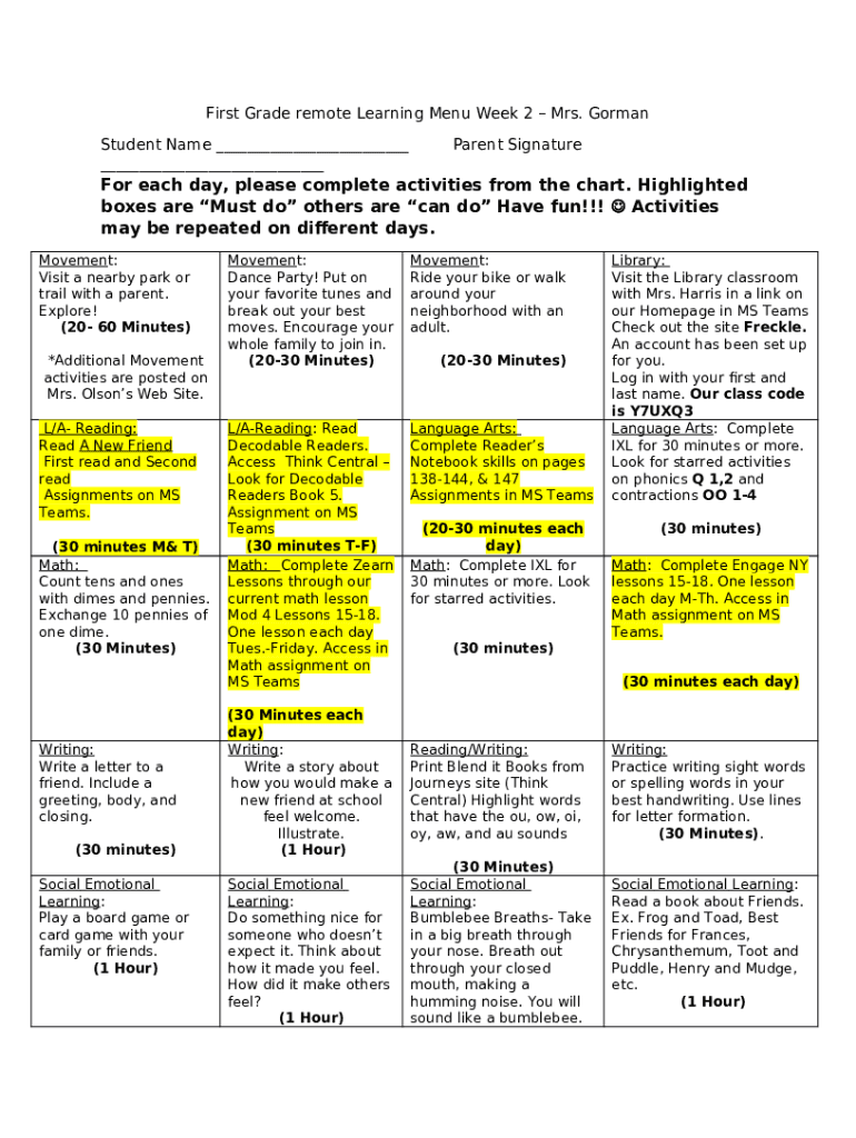 Remote Learning Ination for whole class bubble Doc Template | pdfFiller