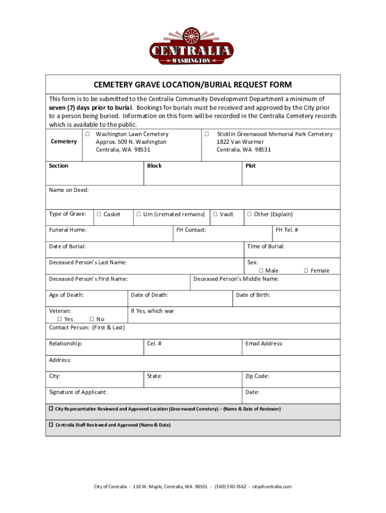 Fillable Online CEMETERY GRAVE LOCATION/BURIAL REQUEST FORM Fax Email ...