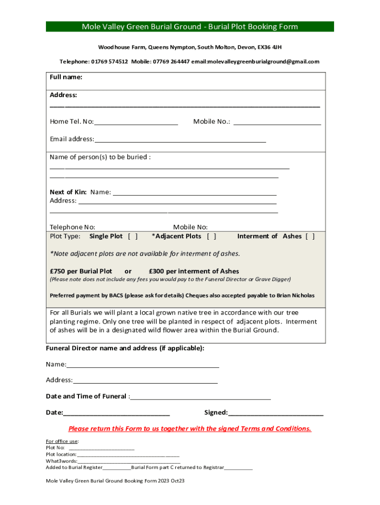 Fillable Online Burial Plot Booking Form - Mole Valley Green Burial ...